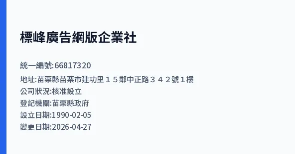標峰廣告網版企業社的照片-統編 66817320(苗栗縣) 公司登記資料與營業項目詳細圖表