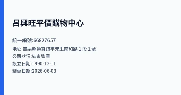 呂興旺平價購物中心的照片-統編 66827657(苗栗縣) 公司登記資料與營業項目詳細圖表
