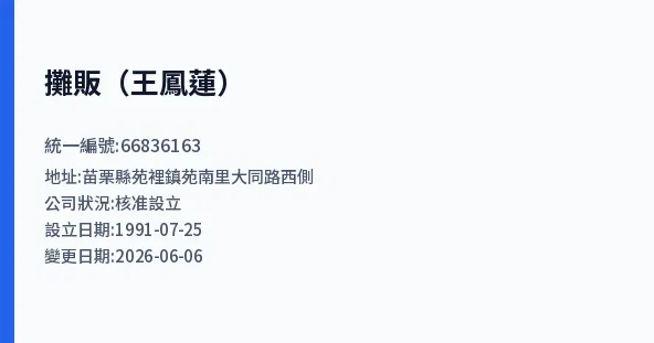 攤販(王鳳蓮)的照片-統編 66836163(苗栗縣) 公司登記資料與營業項目詳細圖表