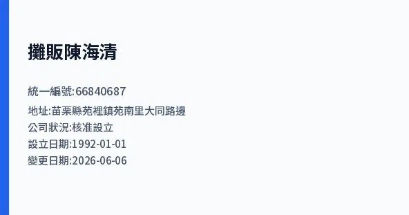 攤販陳海清的照片-統編 66840687(苗栗縣) 公司登記資料與營業項目詳細圖表