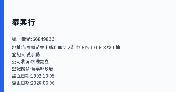 泰興行的照片-統編 66849836(苗栗縣) 公司登記資料與營業項目詳細圖表