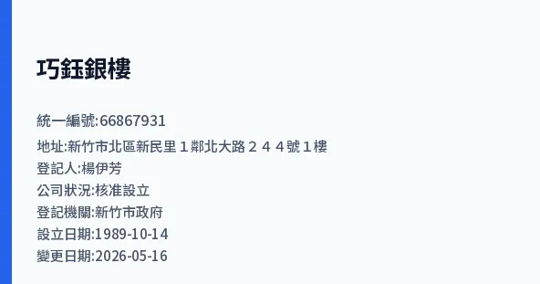巧鈺銀樓的照片-統編 66867931(新竹市) 公司登記資料與營業項目詳細圖表