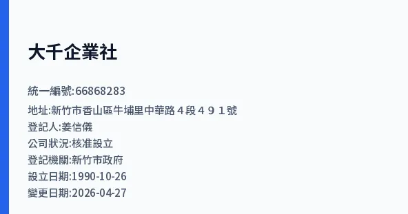 大千企業社的照片-統編 66868283(新竹市) 公司登記資料與營業項目詳細圖表