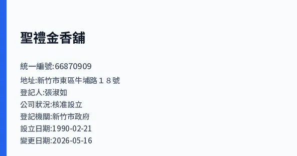 聖禮金香舖的照片-統編 66870909(新竹市) 公司登記資料與營業項目詳細圖表