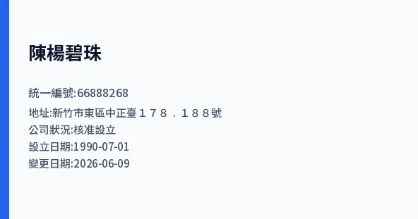 陳楊碧珠的照片-統編 66888268(新竹市) 公司登記資料與營業項目詳細圖表