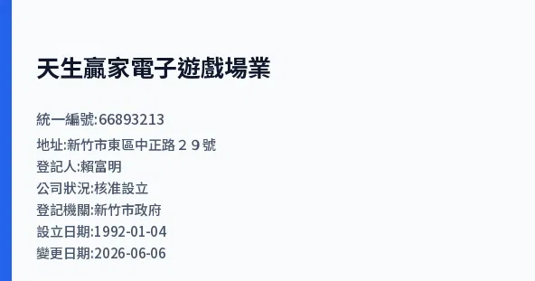 天生贏家電子遊戲場業的照片-統編 66893213(新竹市) 公司登記資料與營業項目詳細圖表