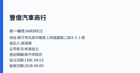 豐億汽車商行的照片-統編 66898821(新竹市) 公司登記資料與營業項目詳細圖表