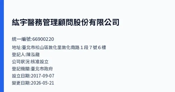 紘宇醫務管理顧問股份有限公司的照片-統編 66900220(臺北市) 公司登記資料與營業項目詳細圖表