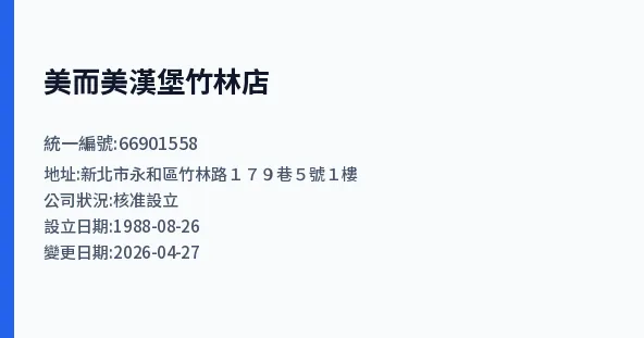 美而美漢堡竹林店的照片-統編 66901558(新北市) 公司登記資料與營業項目詳細圖表