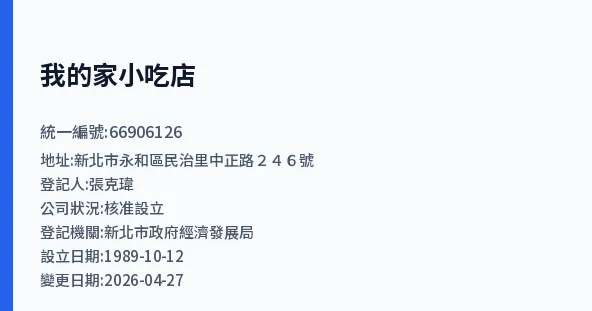 我的家小吃店的照片-統編 66906126(新北市) 公司登記資料與營業項目詳細圖表