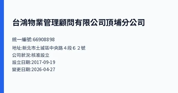 台鴻物業管理顧問有限公司頂埔分公司的照片-統編 66908898(新北市) 公司登記資料與營業項目詳細圖表