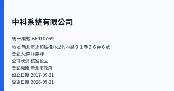 中科系整有限公司的照片-統編 66910769(新北市) 公司登記資料與營業項目詳細圖表