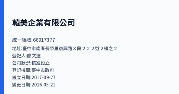 韓美企業有限公司的照片-統編 66917377(臺中市) 公司登記資料與營業項目詳細圖表