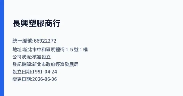 長興塑膠商行的照片-統編 66922272(新北市) 公司登記資料與營業項目詳細圖表