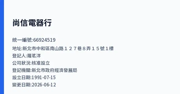 尚信電器行的照片-統編 66924519(新北市) 公司登記資料與營業項目詳細圖表