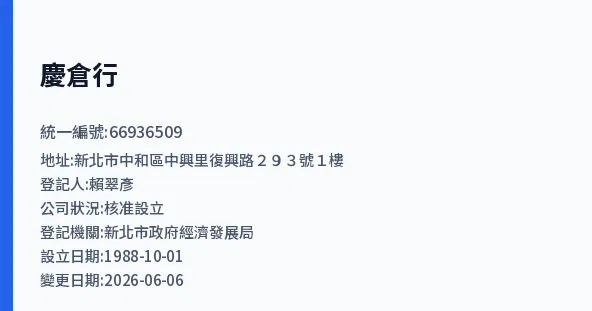 慶倉行的照片-統編 66936509(新北市) 公司登記資料與營業項目詳細圖表