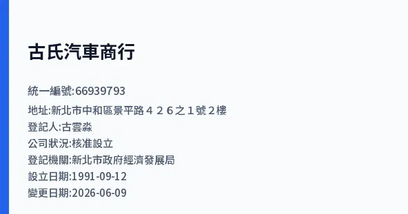 古氏汽車商行的照片-統編 66939793(新北市) 公司登記資料與營業項目詳細圖表