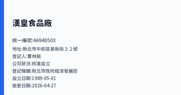 漢皇食品廠的照片-統編 66940503(新北市) 公司登記資料與營業項目詳細圖表