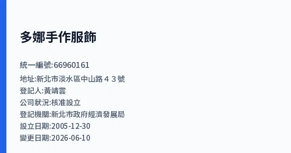 多娜手作服飾的照片-統編 66960161(新北市) 公司登記資料與營業項目詳細圖表