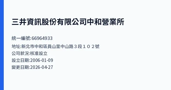 三井資訊股份有限公司中和營業所的照片-統編 66964933(新北市) 公司登記資料與營業項目詳細圖表