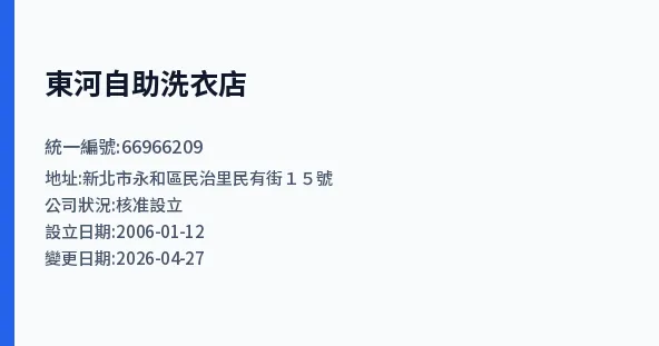 東河自助洗衣店的照片-統編 66966209(新北市) 公司登記資料與營業項目詳細圖表