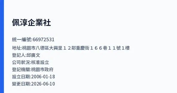 佩淳企業社的照片-統編 66972531(桃園市) 公司登記資料與營業項目詳細圖表