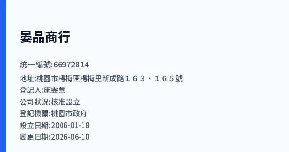 晏品商行的照片-統編 66972814(桃園市) 公司登記資料與營業項目詳細圖表