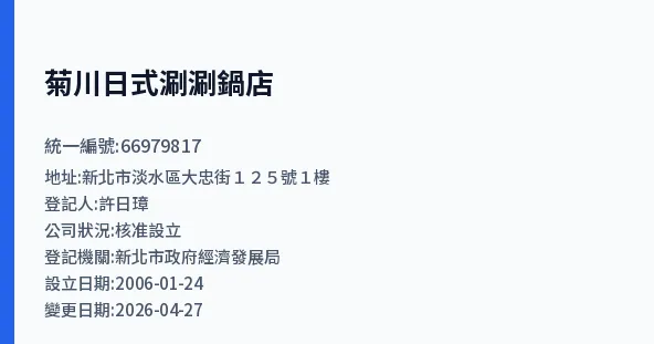 菊川日式涮涮鍋店的照片-統編 66979817(新北市) 公司登記資料與營業項目詳細圖表