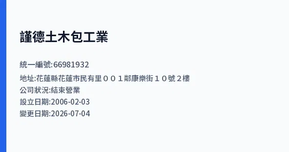 謹德土木包工業的照片-統編 66981932(花蓮縣) 公司登記資料與營業項目詳細圖表