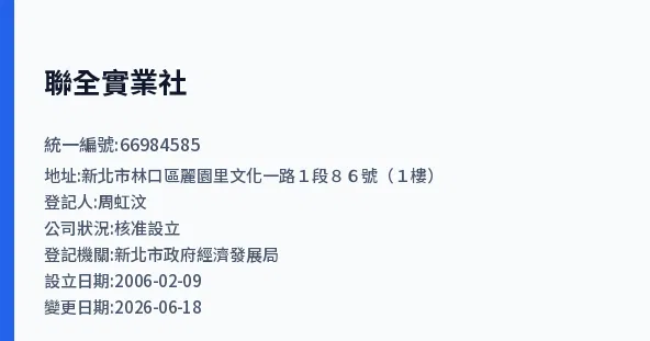 聯全實業社的照片-統編 66984585(新北市) 公司登記資料與營業項目詳細圖表