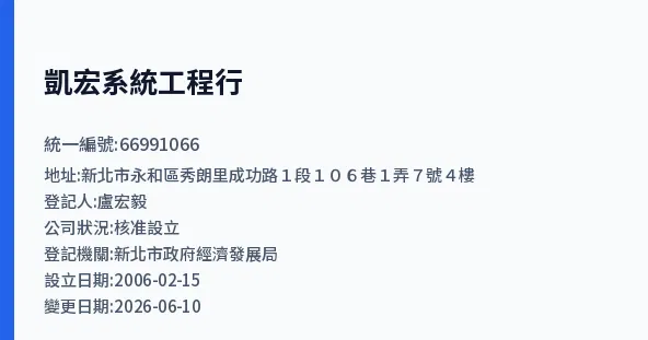 凱宏系統工程行的照片-統編 66991066(新北市) 公司登記資料與營業項目詳細圖表