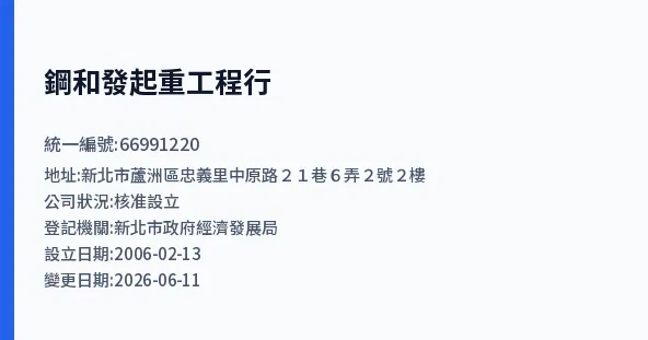 鋼和發起重工程行的照片-統編 66991220(新北市) 公司登記資料與營業項目詳細圖表