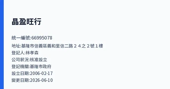 晶盈旺行的照片-統編 66995078(基隆市) 公司登記資料與營業項目詳細圖表