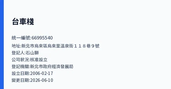 台車棧的照片-統編 66995540(新北市) 公司登記資料與營業項目詳細圖表
