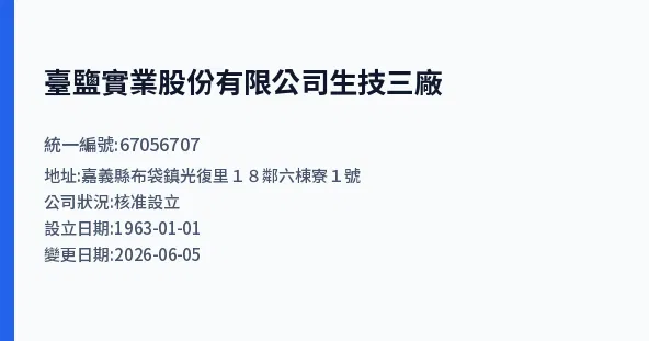 臺鹽實業股份有限公司生技三廠的照片-統編 67056707(嘉義縣) 公司登記資料與營業項目詳細圖表