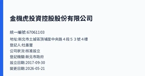 金機虎投資控股股份有限公司的照片-統編 67061103(新北市) 公司登記資料與營業項目詳細圖表