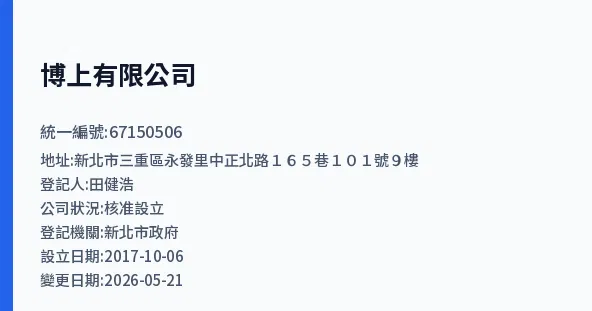 博上有限公司的照片-統編 67150506(新北市) 公司登記資料與營業項目詳細圖表