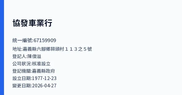 協發車業行的照片-統編 67159909(嘉義縣) 公司登記資料與營業項目詳細圖表