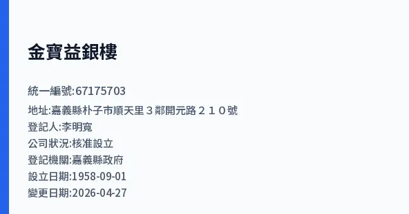 金寶益銀樓的照片-統編 67175703(嘉義縣) 公司登記資料與營業項目詳細圖表