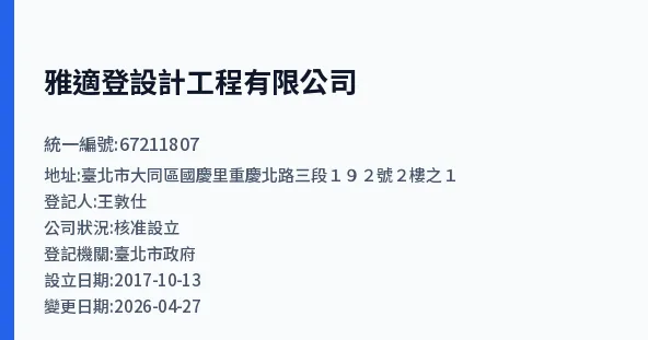 雅適登設計工程有限公司的照片-統編 67211807(臺北市) 公司登記資料與營業項目詳細圖表