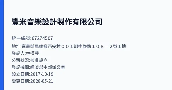 豐米音樂設計製作有限公司的照片-統編 67274507(嘉義縣) 公司登記資料與營業項目詳細圖表