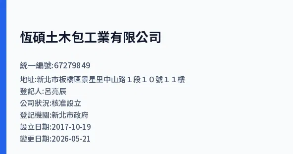恆碩土木包工業有限公司的照片-統編 67279849(新北市) 公司登記資料與營業項目詳細圖表