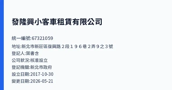 發隆興小客車租賃有限公司的照片-統編 67321059(新北市) 公司登記資料與營業項目詳細圖表