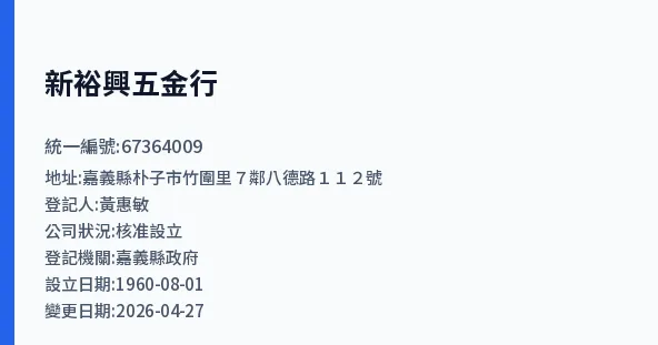 新裕興五金行的照片-統編 67364009(嘉義縣) 公司登記資料與營業項目詳細圖表
