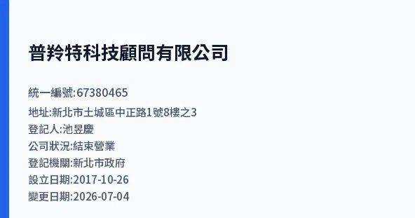 普羚特科技顧問有限公司的照片-統編 67380465(新北市) 公司登記資料與營業項目詳細圖表