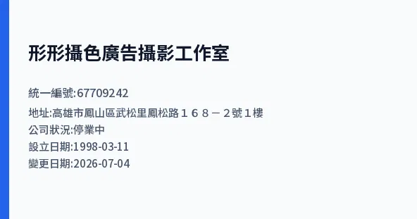 形形攝色廣告攝影工作室的照片-統編 67709242(高雄市) 公司登記資料與營業項目詳細圖表