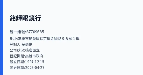 銘輝眼鏡行的照片-統編 67709685(高雄市) 公司登記資料與營業項目詳細圖表