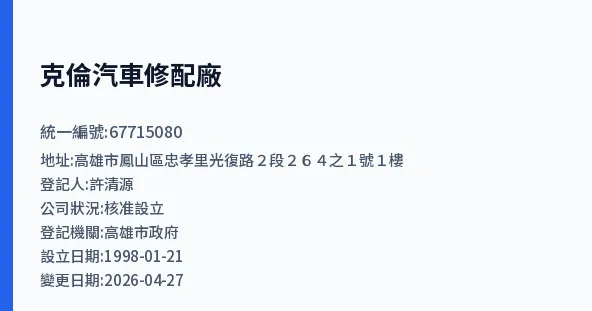 克倫汽車修配廠的照片-統編 67715080(高雄市) 公司登記資料與營業項目詳細圖表