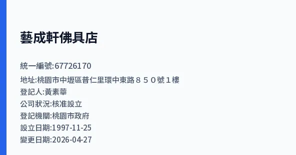 藝成軒佛具店的照片-統編 67726170(桃園市) 公司登記資料與營業項目詳細圖表