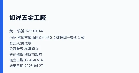 如祥五金工廠的照片-統編 67735044(桃園市) 公司登記資料與營業項目詳細圖表